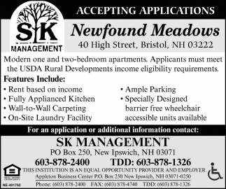 Accepting Applications, SK Management, New Ipswich, NH