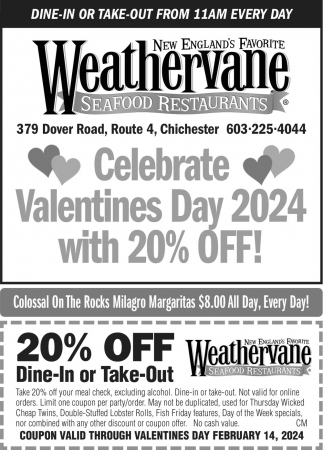 20% Off, Weathervane Seafood Restaurant, Chichester, NH