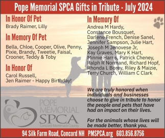 In Memory Of, Pope Memorial SPCA, Concord, NH