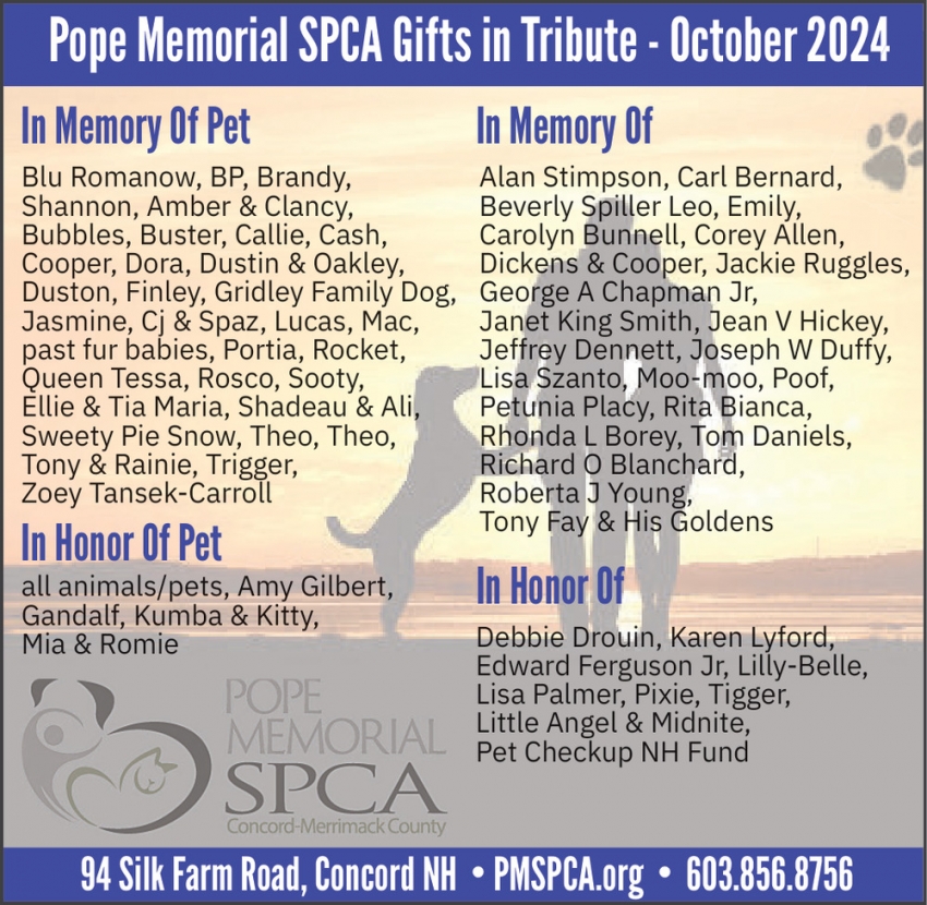 Pope Memorial SPCA Gifts in Tribute, Pope Memorial SPCA, Concord, NH
